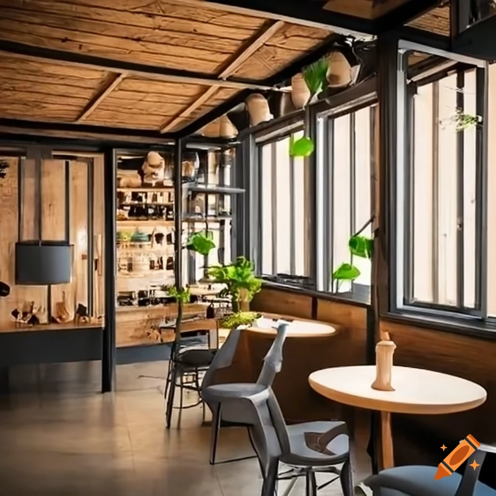 Modern coffee shop with plants, wood, and canopy on Craiyon