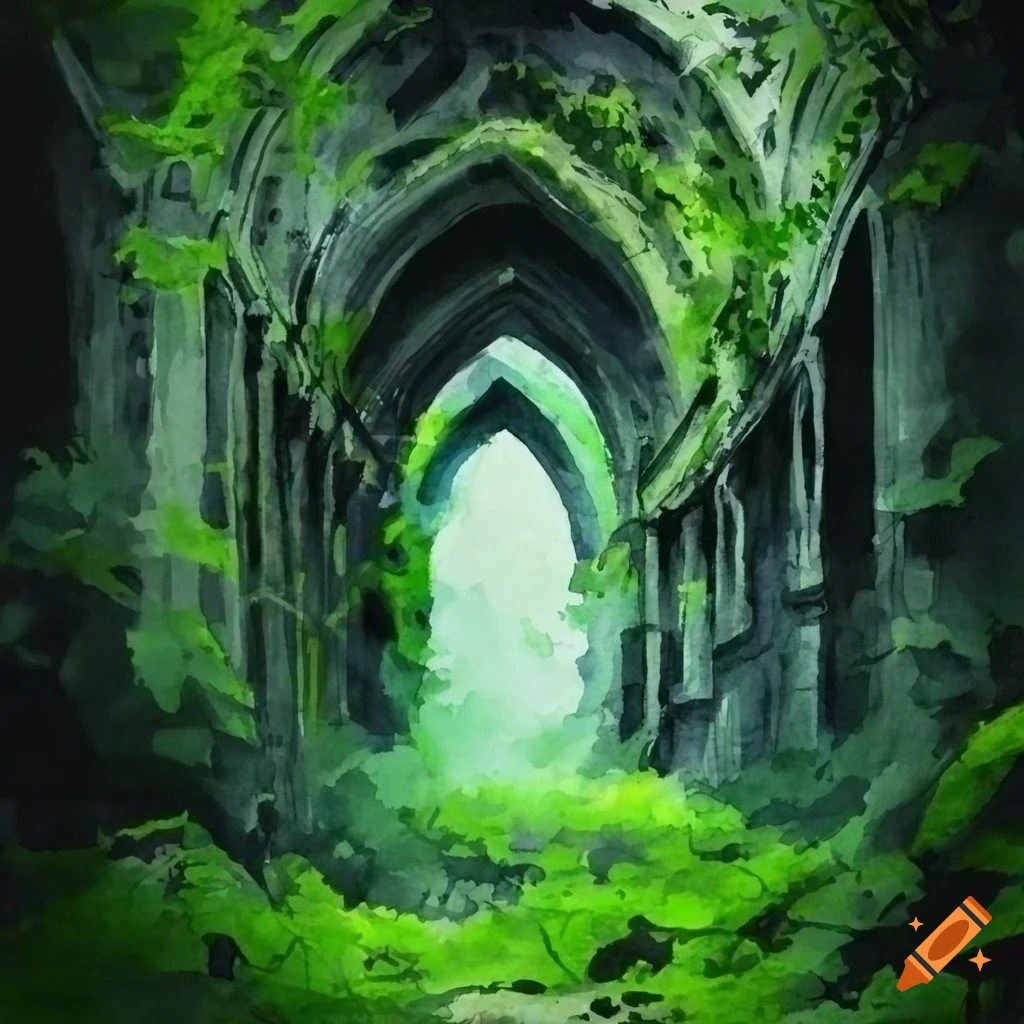 Landscape of overgrown crypt ruins in black and green watercolor on Craiyon