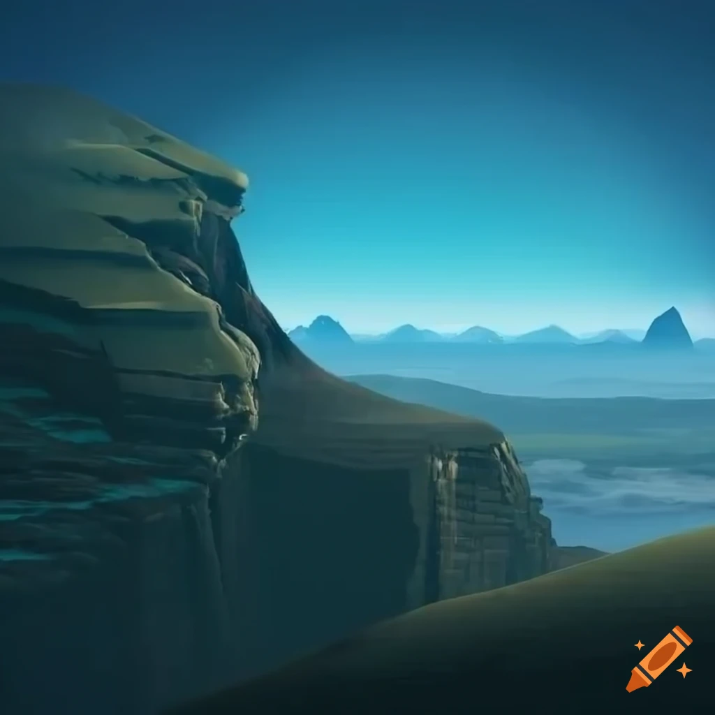 Cliff overlooking a beautiful natural sci-fi landscape on Craiyon