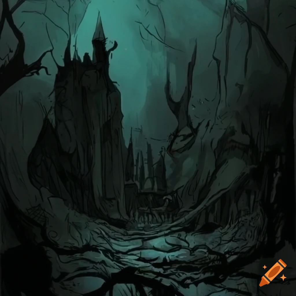 Dark and evil medieval landscape with a comic book style on Craiyon