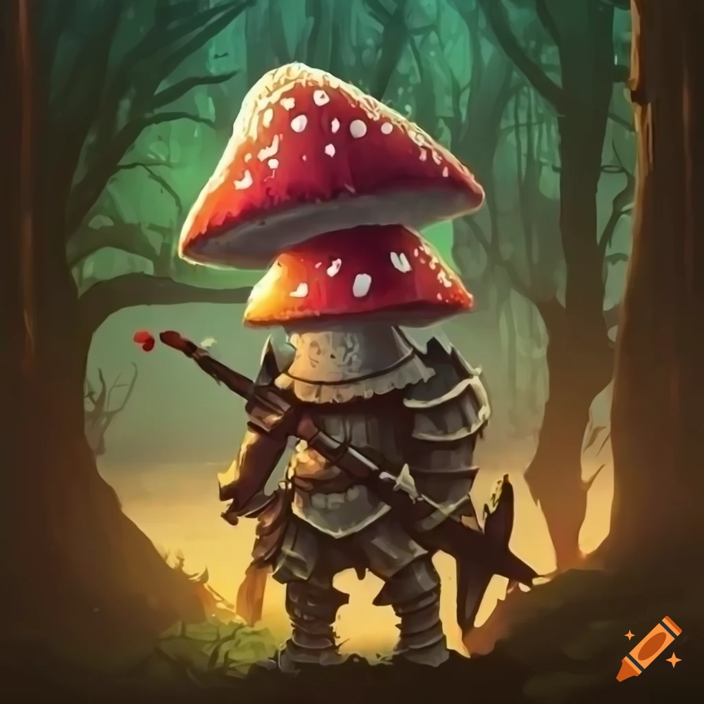 Mushroom knight in a magical forest on Craiyon