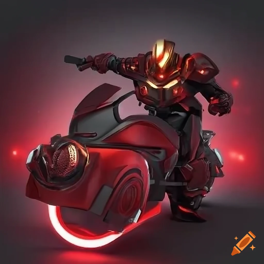 Futuristic red motor bike with sleek design and unique features on Craiyon
