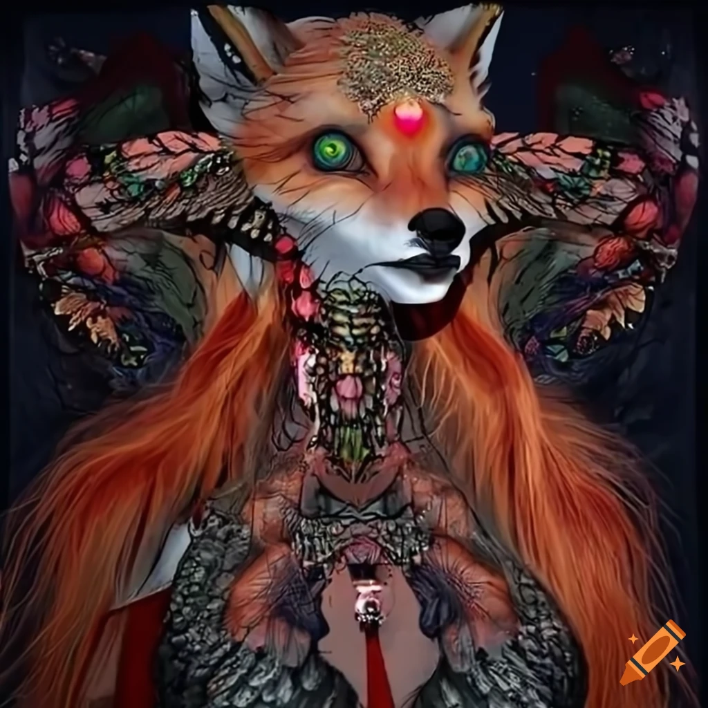 Biopunk Cyborg red fox goddess adorned with Biopunk in a forest setting ...