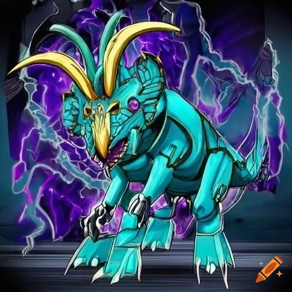 Turquoise pachyrhinosaurus robot with purple eyes and yellow horns in a ...
