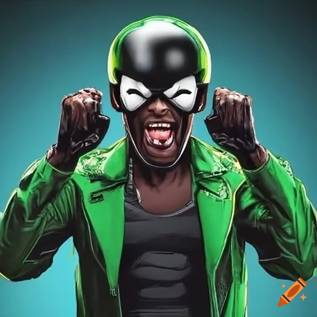 Superhero in green jacket and motorcycle helmet screaming on Craiyon
