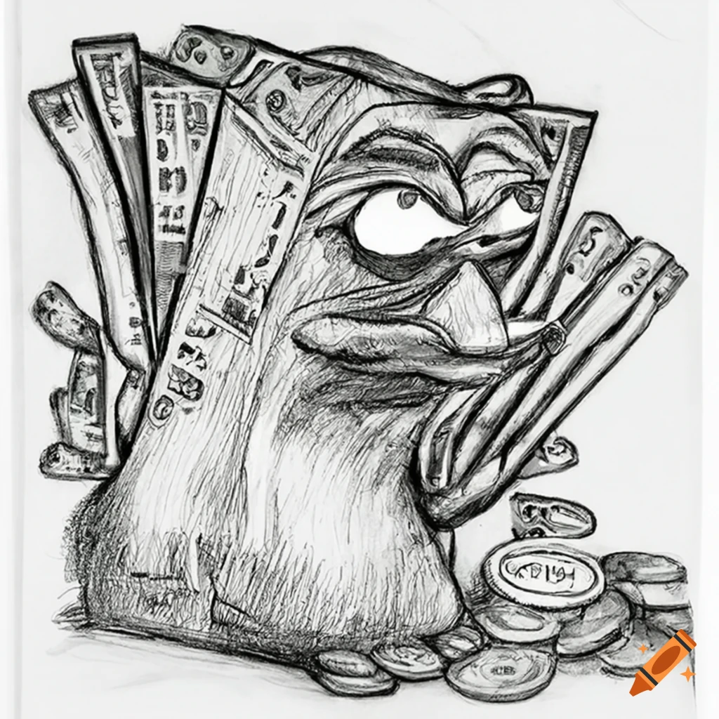 Cartoon frog surrounded by money on Craiyon