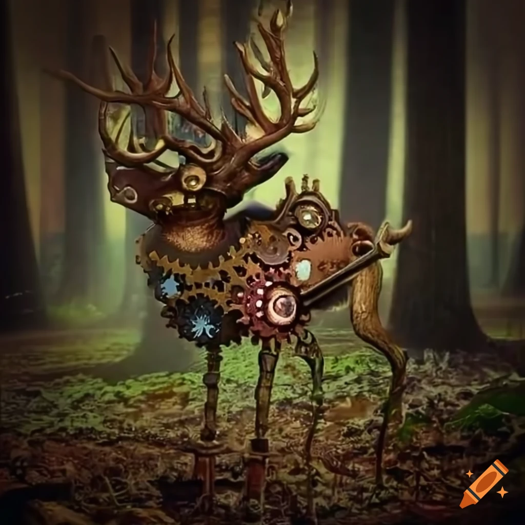 Steampunk deer in an opulent forest on Craiyon