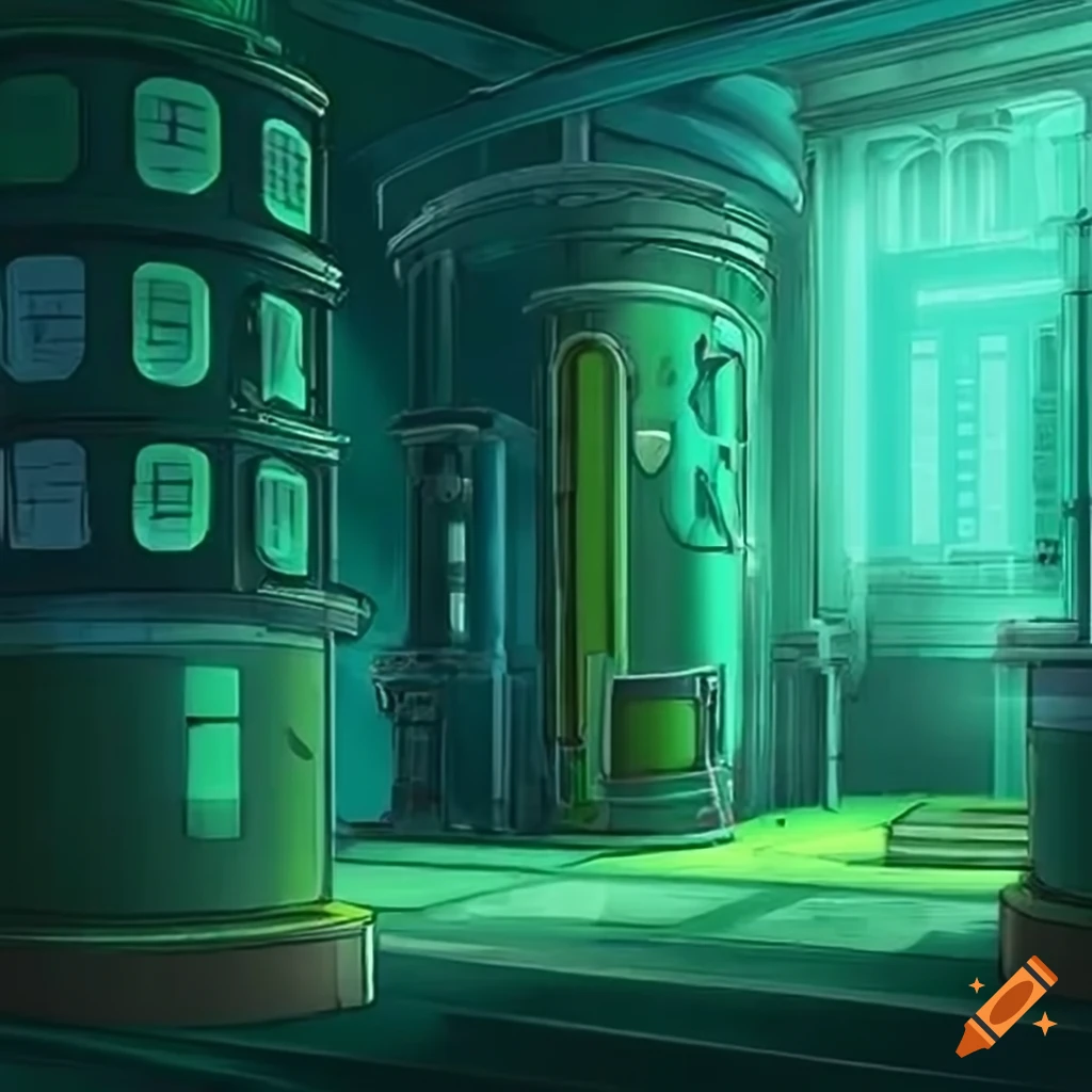 Anime nuclear laboratory reactor chamber glowing green on Craiyon