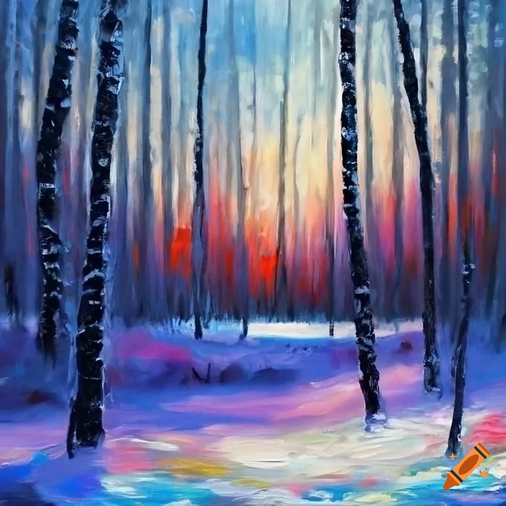 Panoramic forest scenery in winter, oil painting style by maarit ...