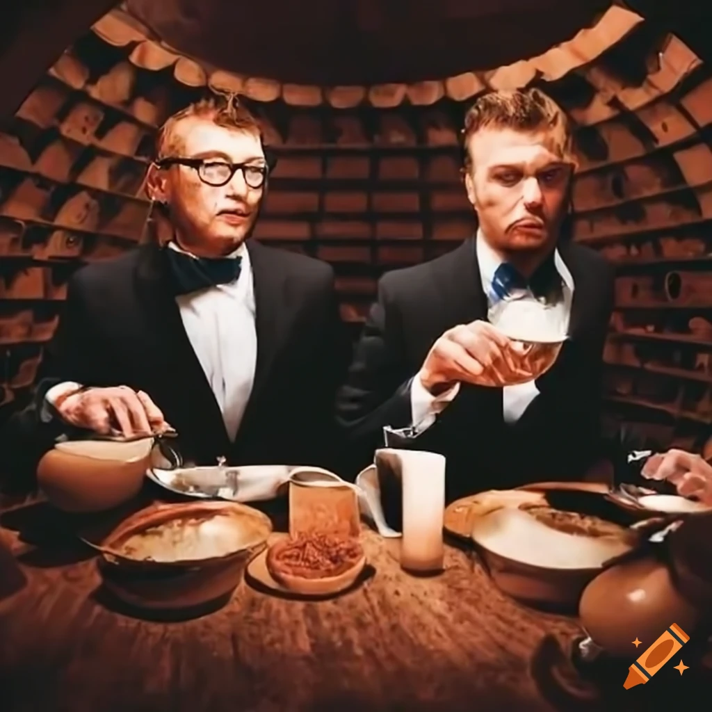 Men in suits eating soup in a wine cellar on Craiyon