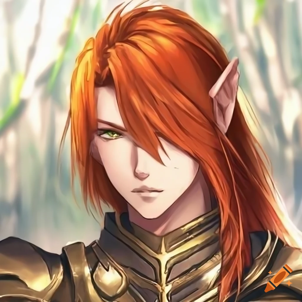 Anime male elf knight with long orange hair and green eyes on Craiyon