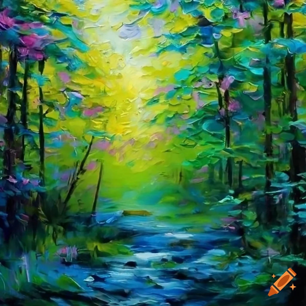 Oil painting of spring forest scenery, panoramic widescreen ...
