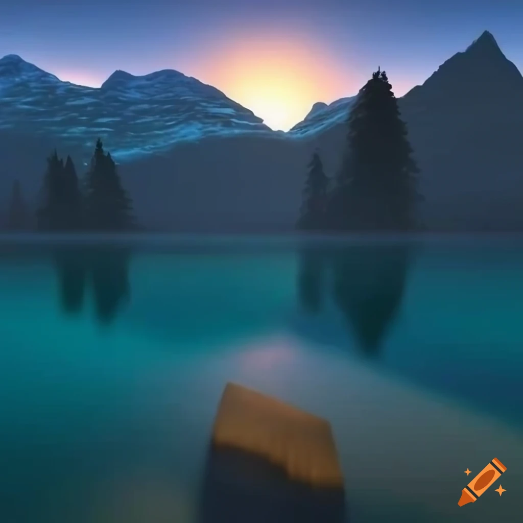 Breathtaking 3D scene of a mountain lake at sunset with radiant glow ...