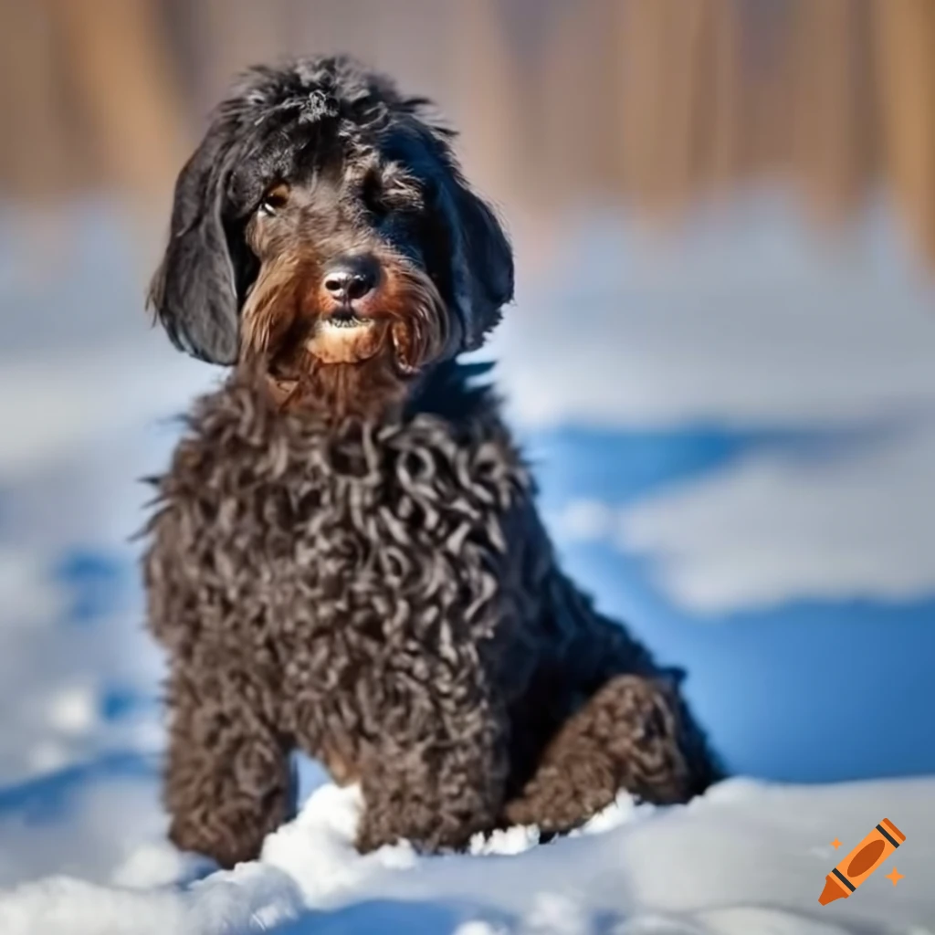 Black labradoodle sitting in snow on Craiyon