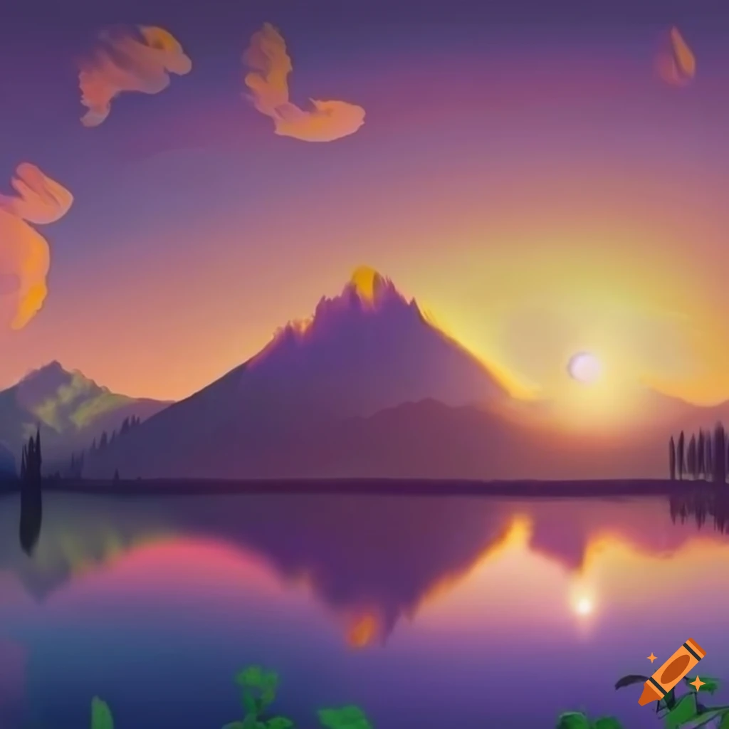 Sunset bathing a tranquil mountain lake in golden light with a DeviantArt masterpiece vibe on ...