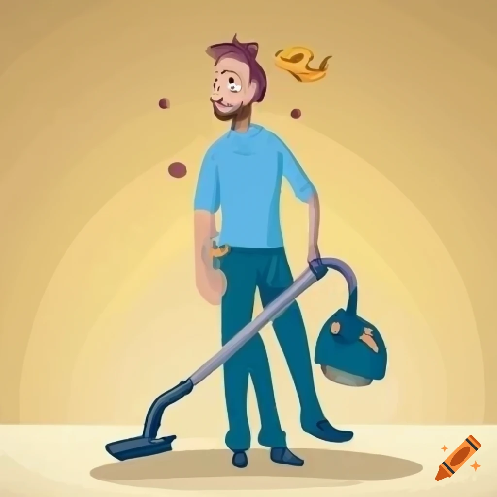 Angry man with shop vacuum in a children's book style illustration on ...