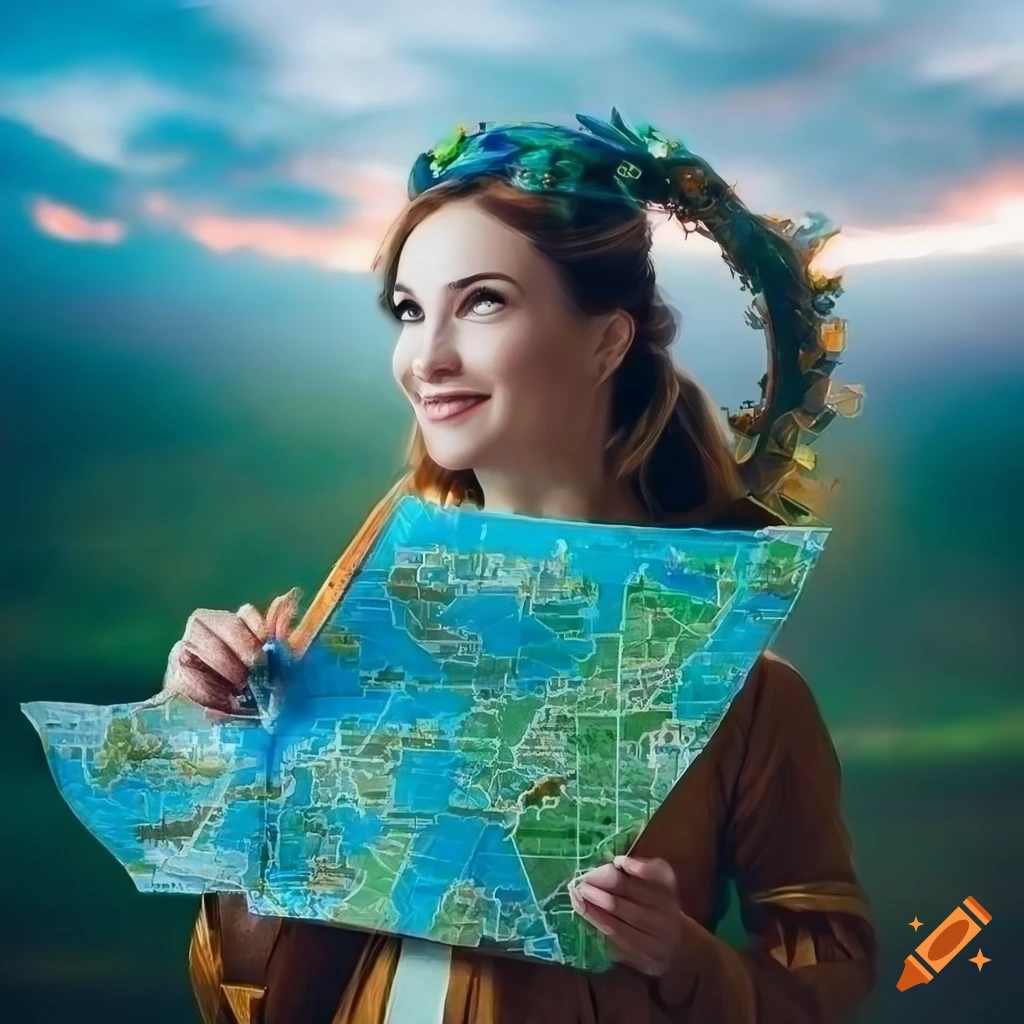 Photorealistic girl with a treasure map looking into a dreamy and ...