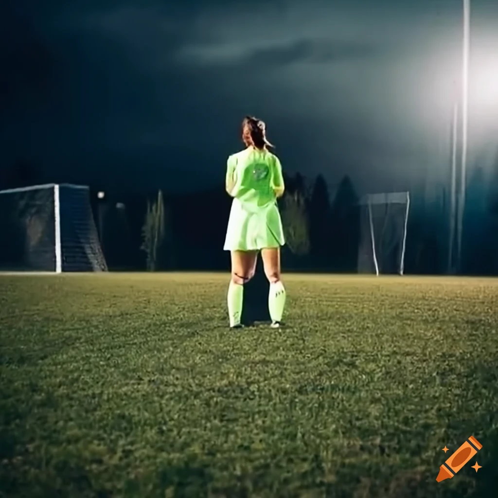 Female soccer player reflecting after a fierce game on Craiyon