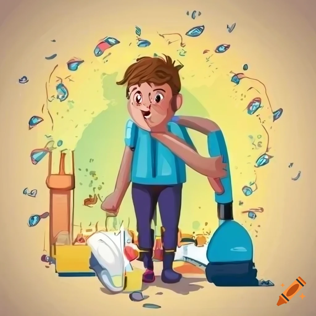 Angry man with shop vacuum in a children's book style illustration on ...