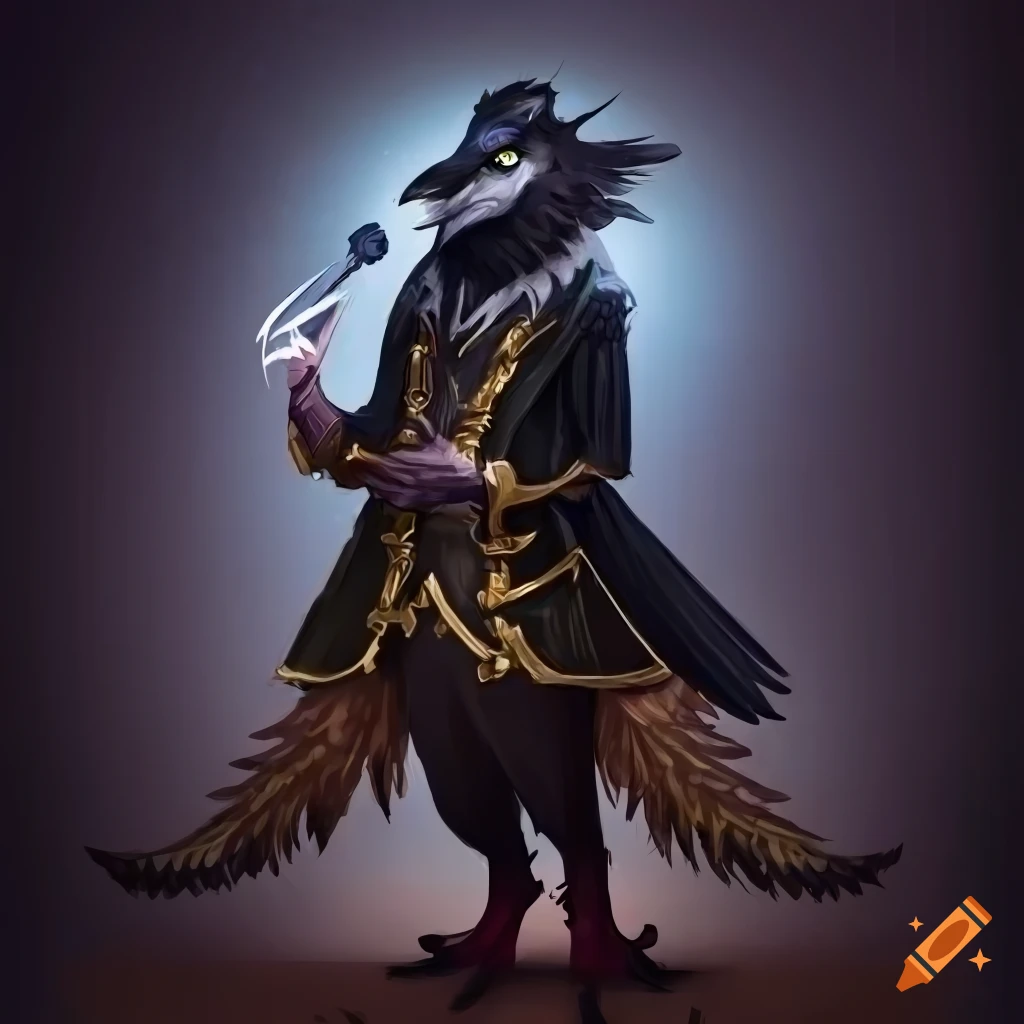 Anthropomorphic crow in elegant black and gold clothing holding a ...