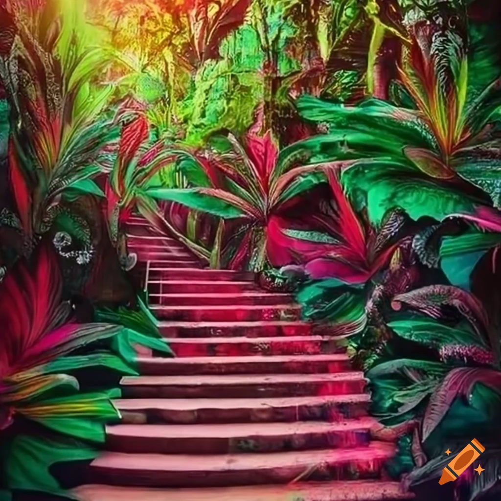 Surreal stairways to heaven with exotic colorful plants in a fantasy ...
