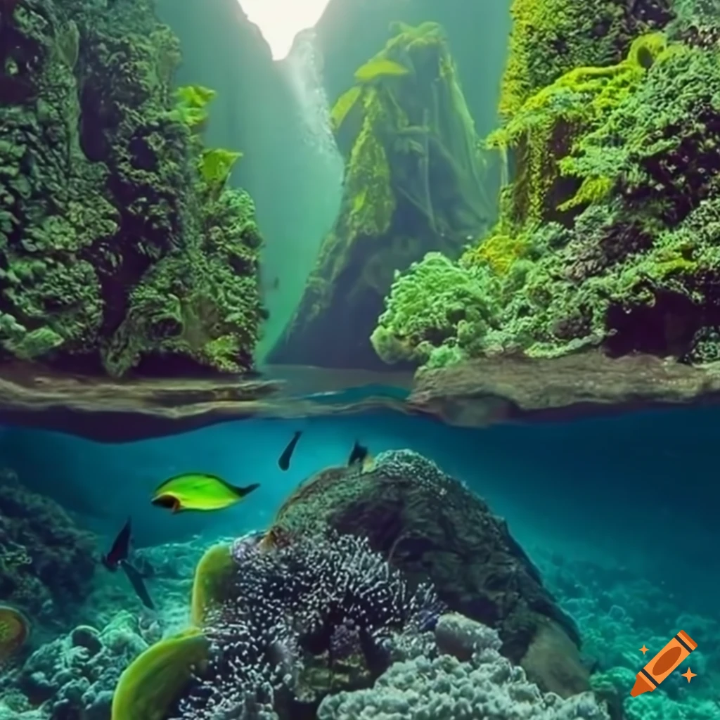 Hidden saltwater lake in a remote mountain range with vibrant fish and ...