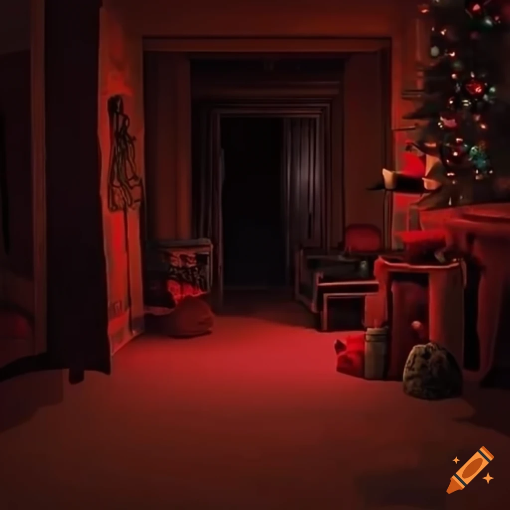 Christmas-themed liminal creepy room with chaotic furniture on Craiyon