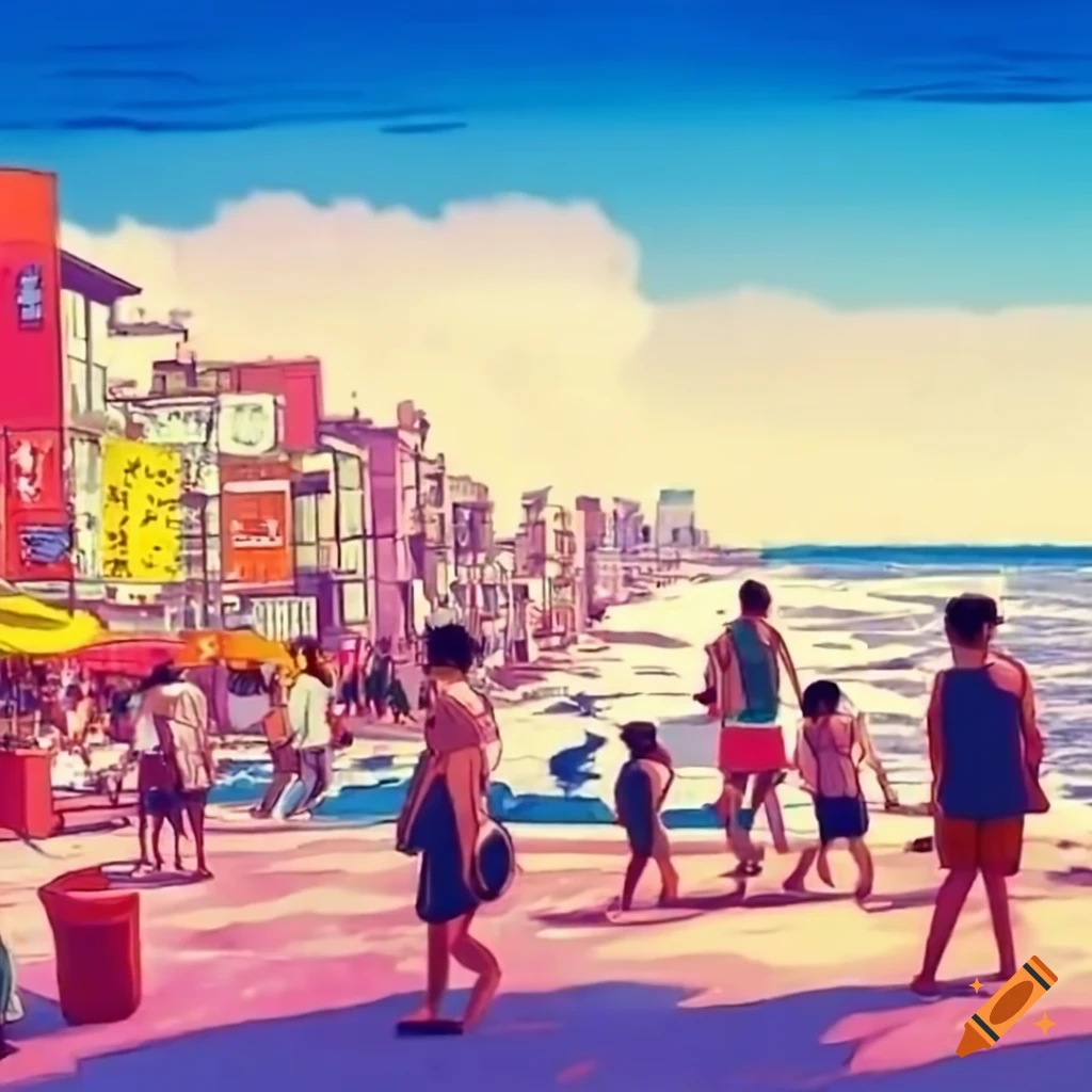 Colorful 1980s Japanese animation of a busy beachfront street with ...