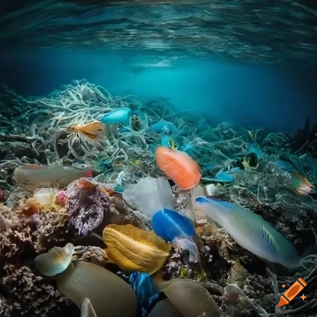 Plastic waste in the ocean resembling a fish on Craiyon