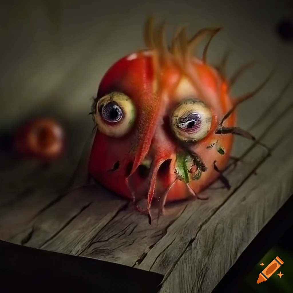 Close-up portrait of the rotten tomato fruit monster on a wooden table ...