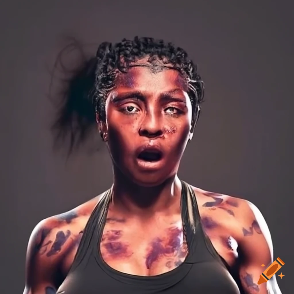 Female boxer with ripped clothing and dazed expression on Craiyon