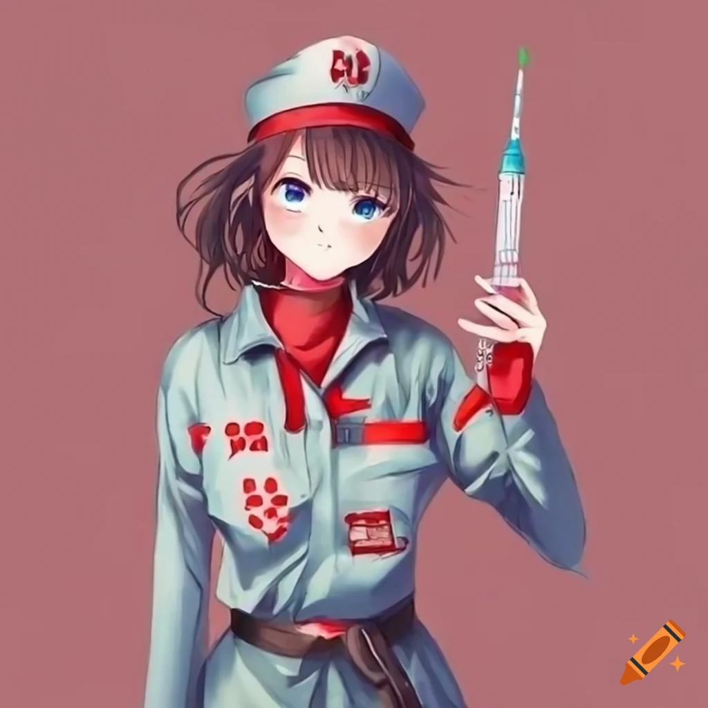 Anime girl in paramedic outfit with face mask holding a red syringe on ...