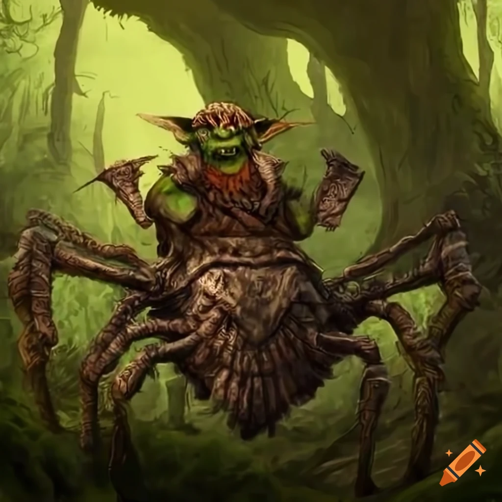 Detailed goblin warrior riding a giant spider in a wooded environment ...