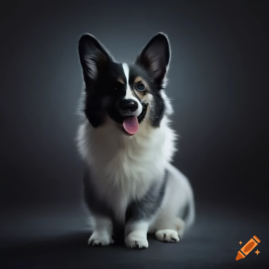 Black corgi samoyed cross under studio lighting in high detail on Craiyon