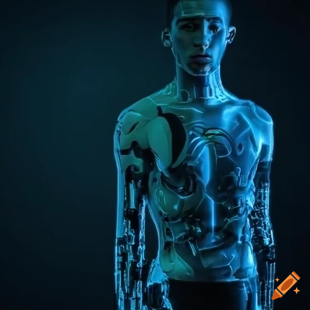 Glowing digital numbers with a skinny male cyborg in between on Craiyon