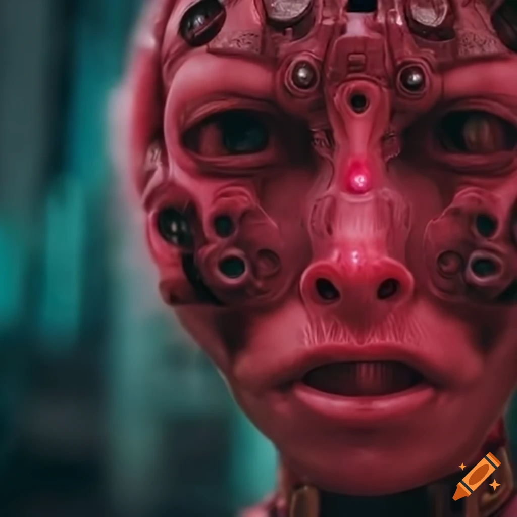Intricately detailed macro photograph of a fearsome female cyborg in a ...