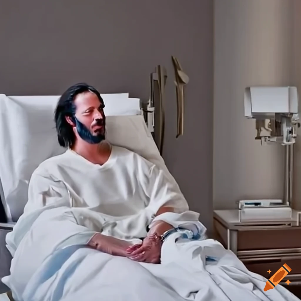 Actor Keanu Reeves in a hospital bed on Craiyon