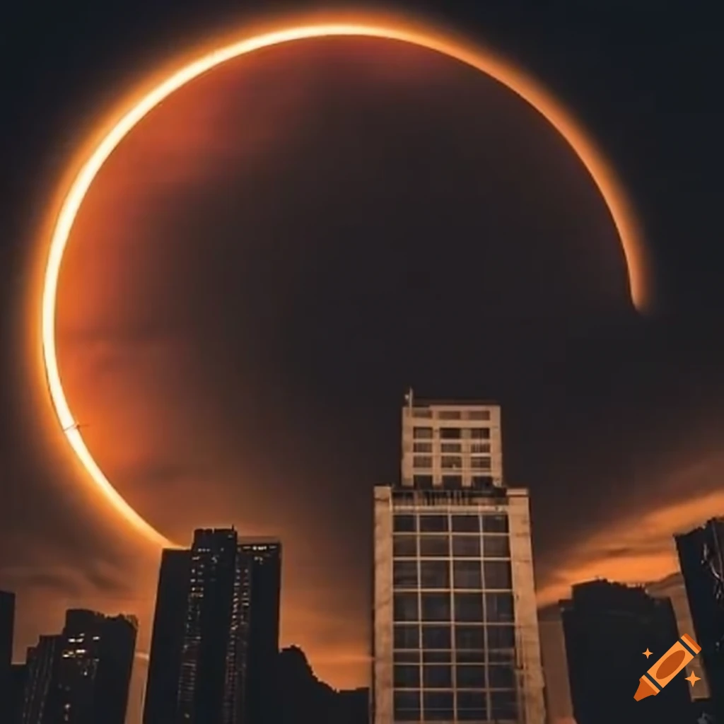 Solar eclipse over a decimated cityscape in an apocalyptic setting on ...