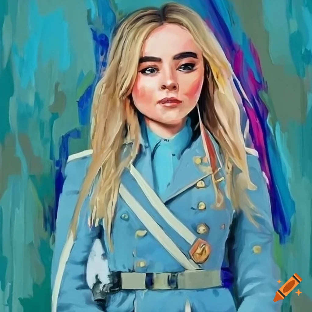 Abstract painting of sabrina carpenter in a light blue military uniform ...