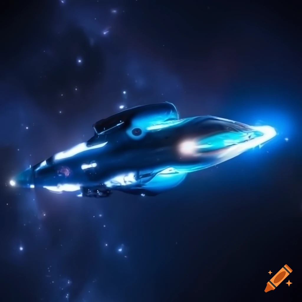 Highly detailed giant blue and white spaceship with mechanical arms in deep space on Craiyon