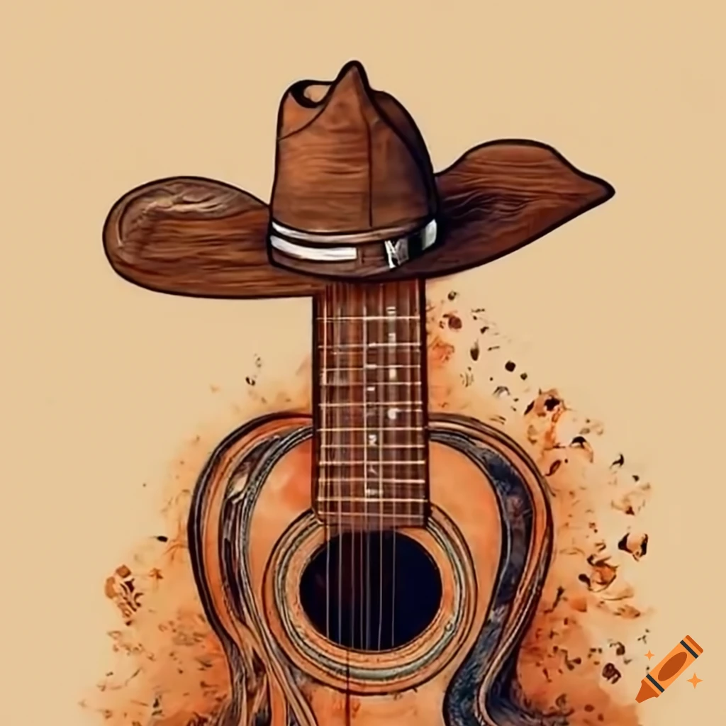 Western-themed acoustic guitar with a cowboy hat on top on Craiyon