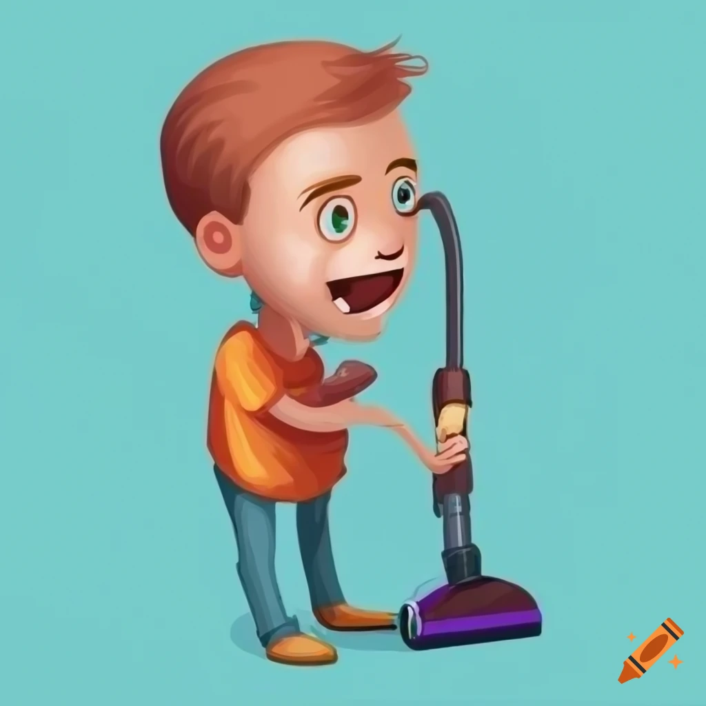 Angry man with shop vacuum in a children's book style illustration on ...