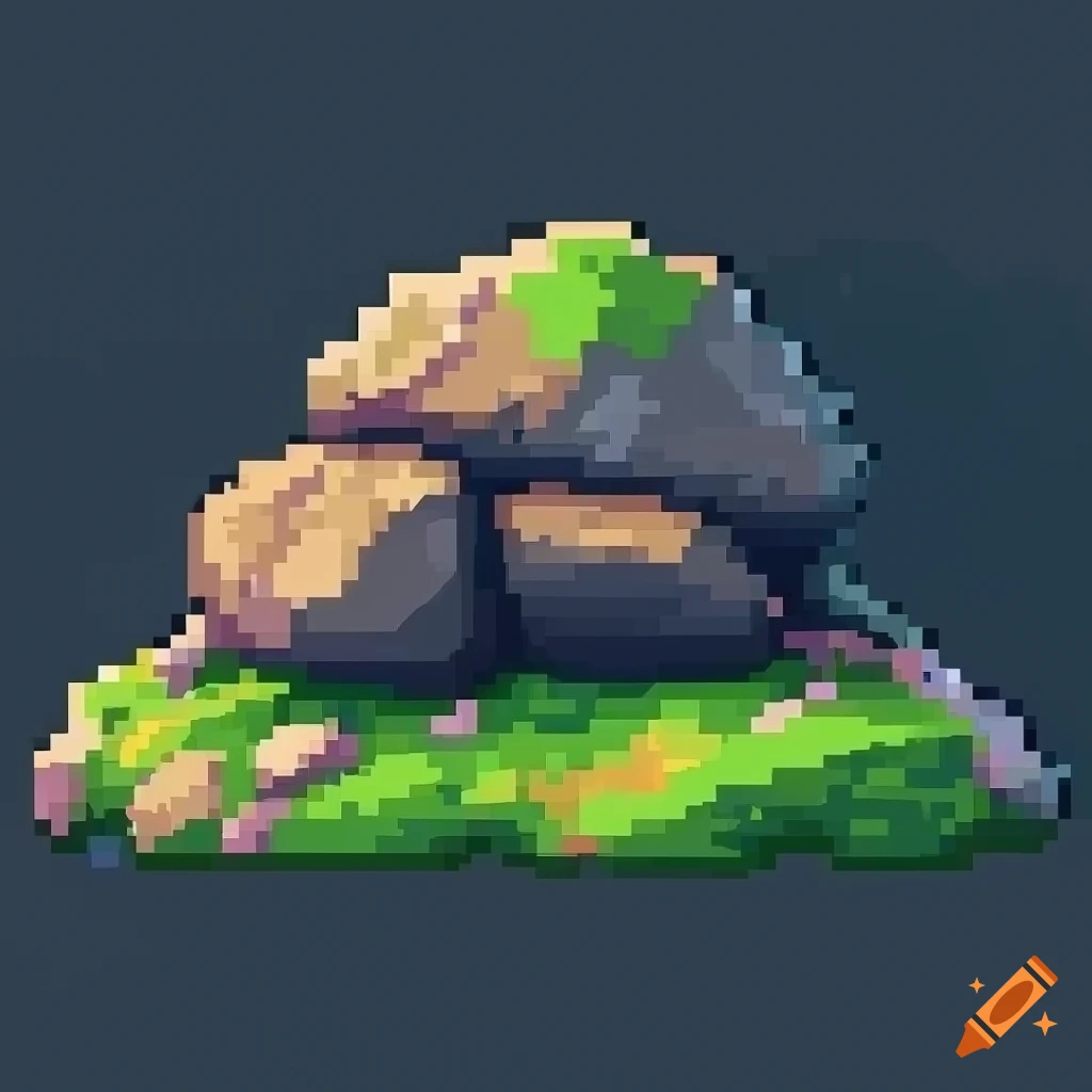 Detailed side view of mossy boulder in pixel art on Craiyon