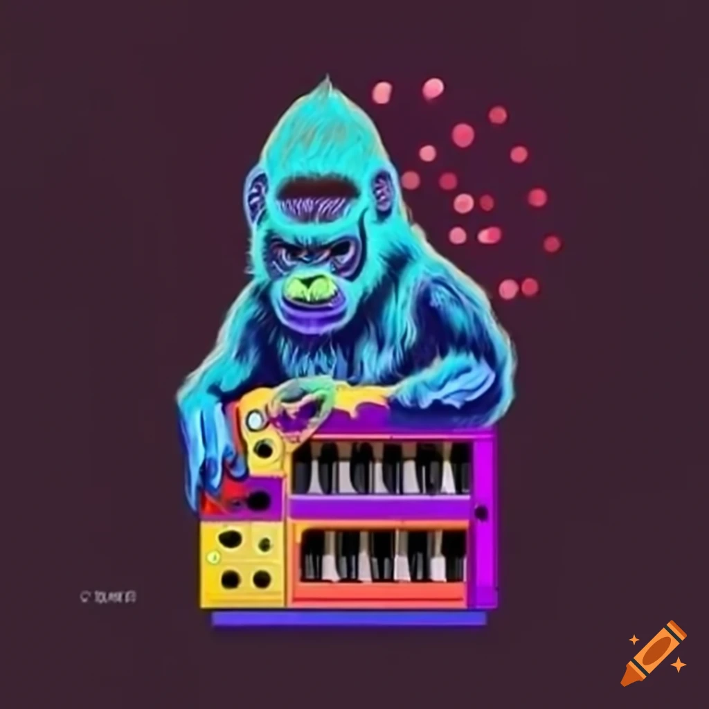 Gorilla playing a vintage modular synth and electric organ on Craiyon