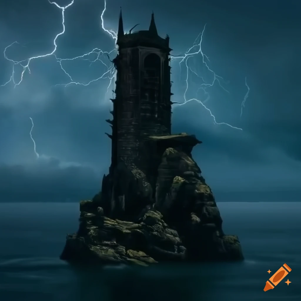 Tall evil black tower on rocky island during stormy weather with ...