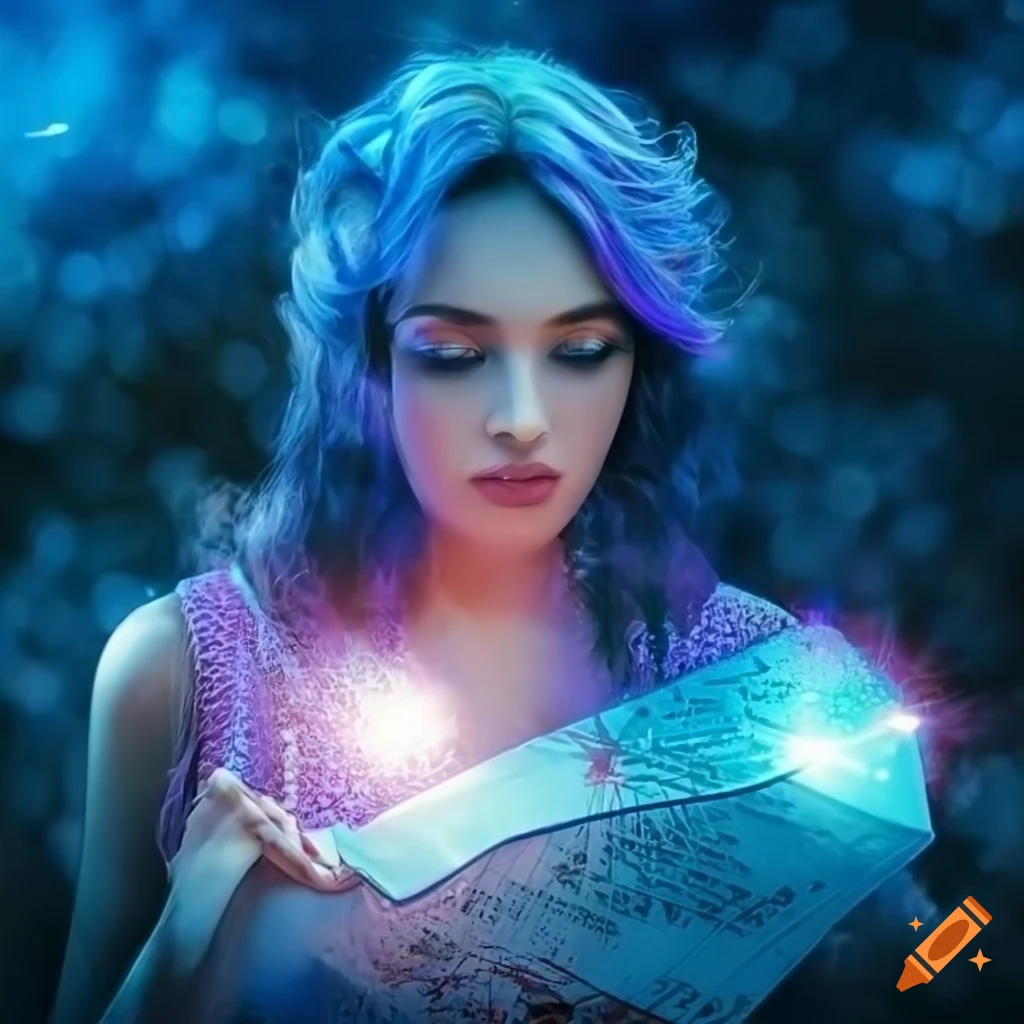 Photorealistic girl with a treasure map looking into a dreamy and ...