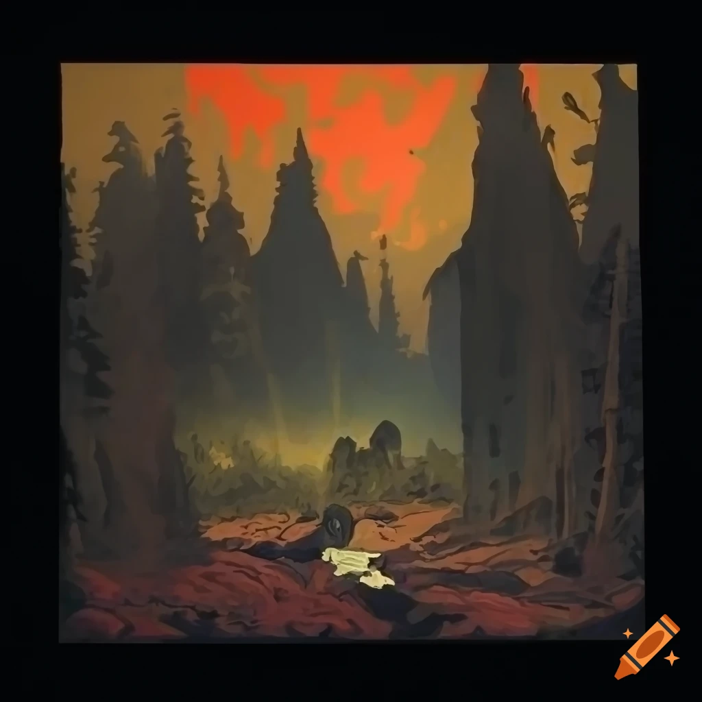 Doom metal album cover style painting in 4k quality with minimal forest ...