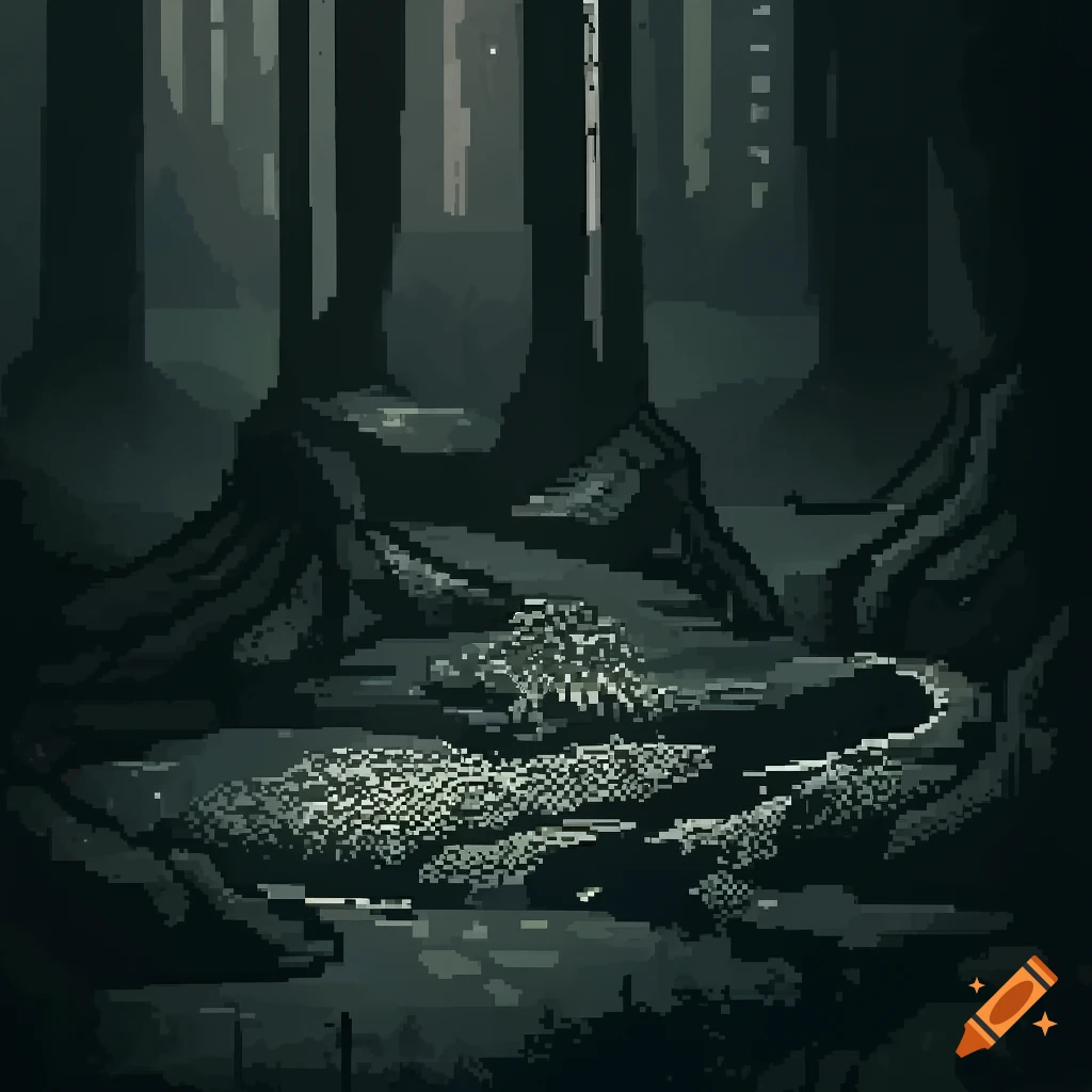 Top down pixel art of a fantasy forest with dark colors on Craiyon