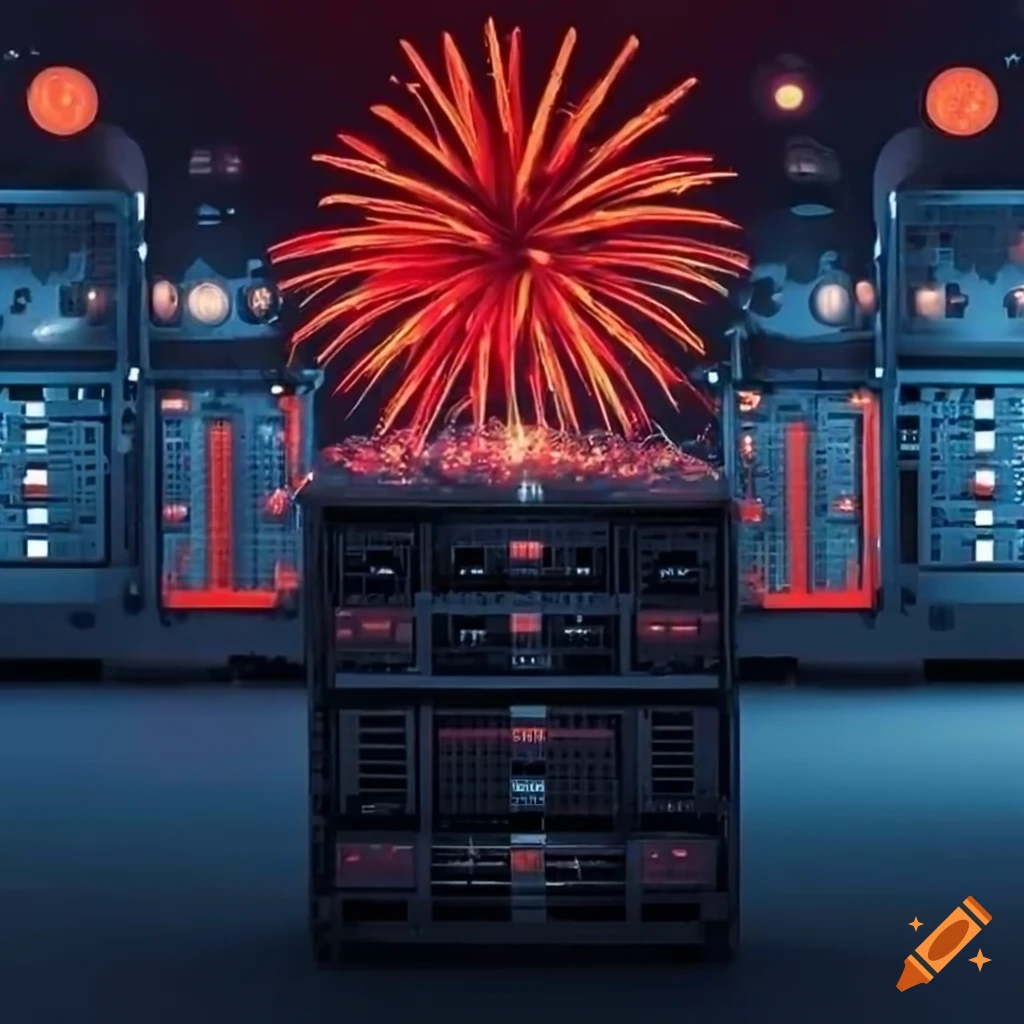 Festive server room decorated with red and black fireworks for 2024 on ...