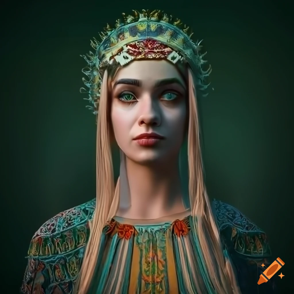 Mystical slavic christian woman in traditional attire in a vibrant ...